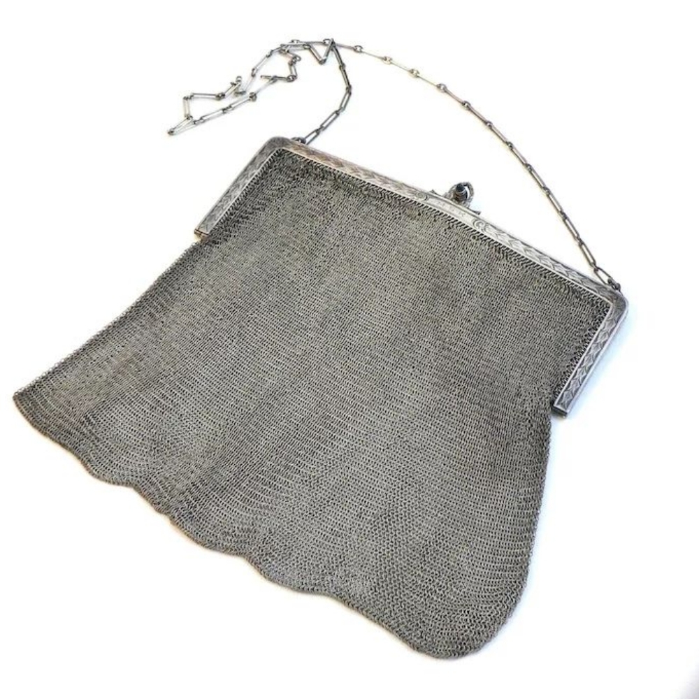 Antique Victorian Sterling Silver Mesh Purse - Gem